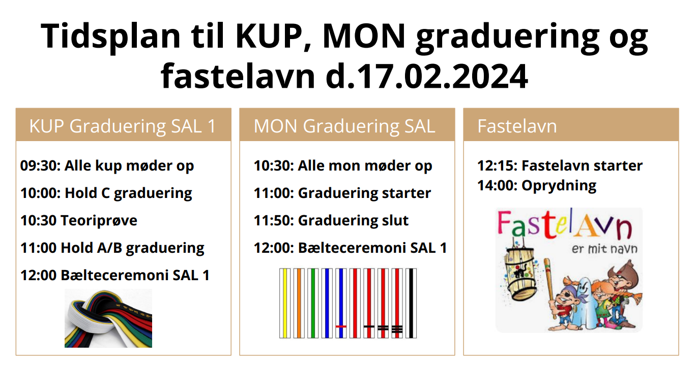 Tidsplan til KUP, MON graduering og fastelavn d.17.02.2024 | Samheon